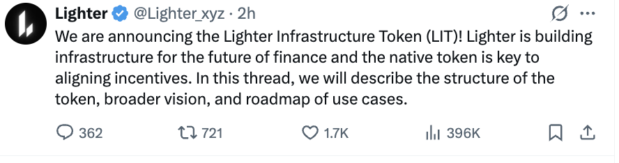 Perp DEX Lighter 推出原生代幣 $LIT，2025 積分賽季獲立即空投 - 區塊客